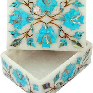 White Marble Turquoise Floral Inlay Precious Art Jewelry Custom Box ...