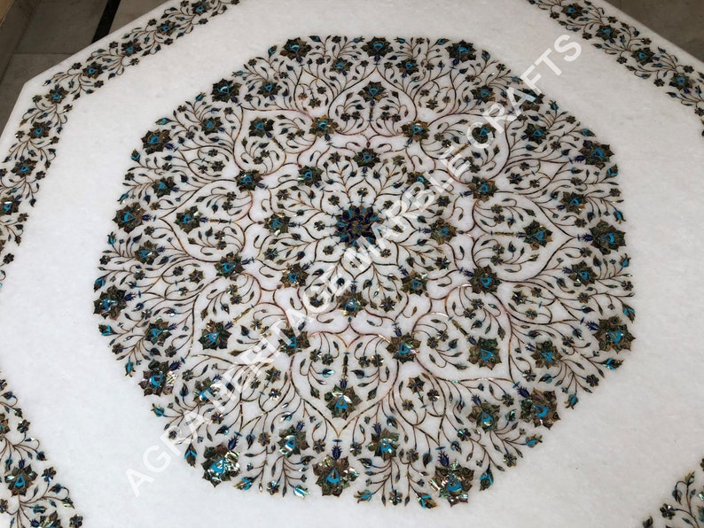 White Marble Dining Table Top Paua Shell Turquoise Inlay - Etsy