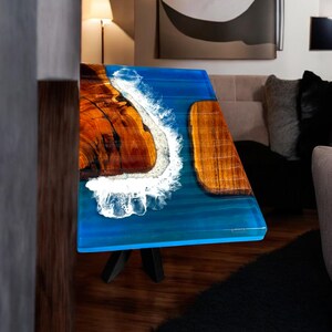 Blue Ocean Wave Epoxy River Top Center Dining Table Acacia Wood Walnut ...