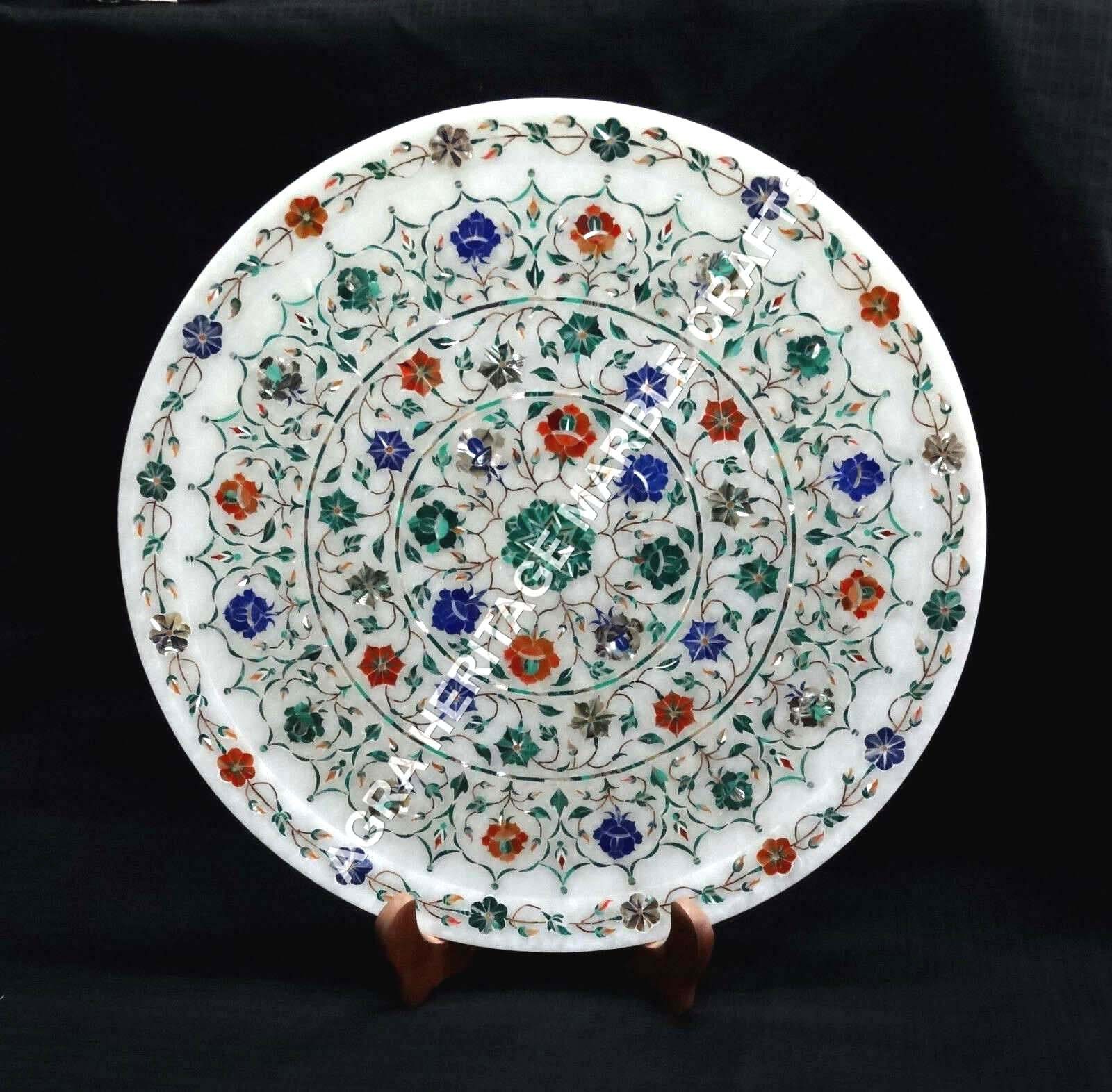 White Round Marble Serving 15" Plate Multi Inlay Gemstone Floral ...