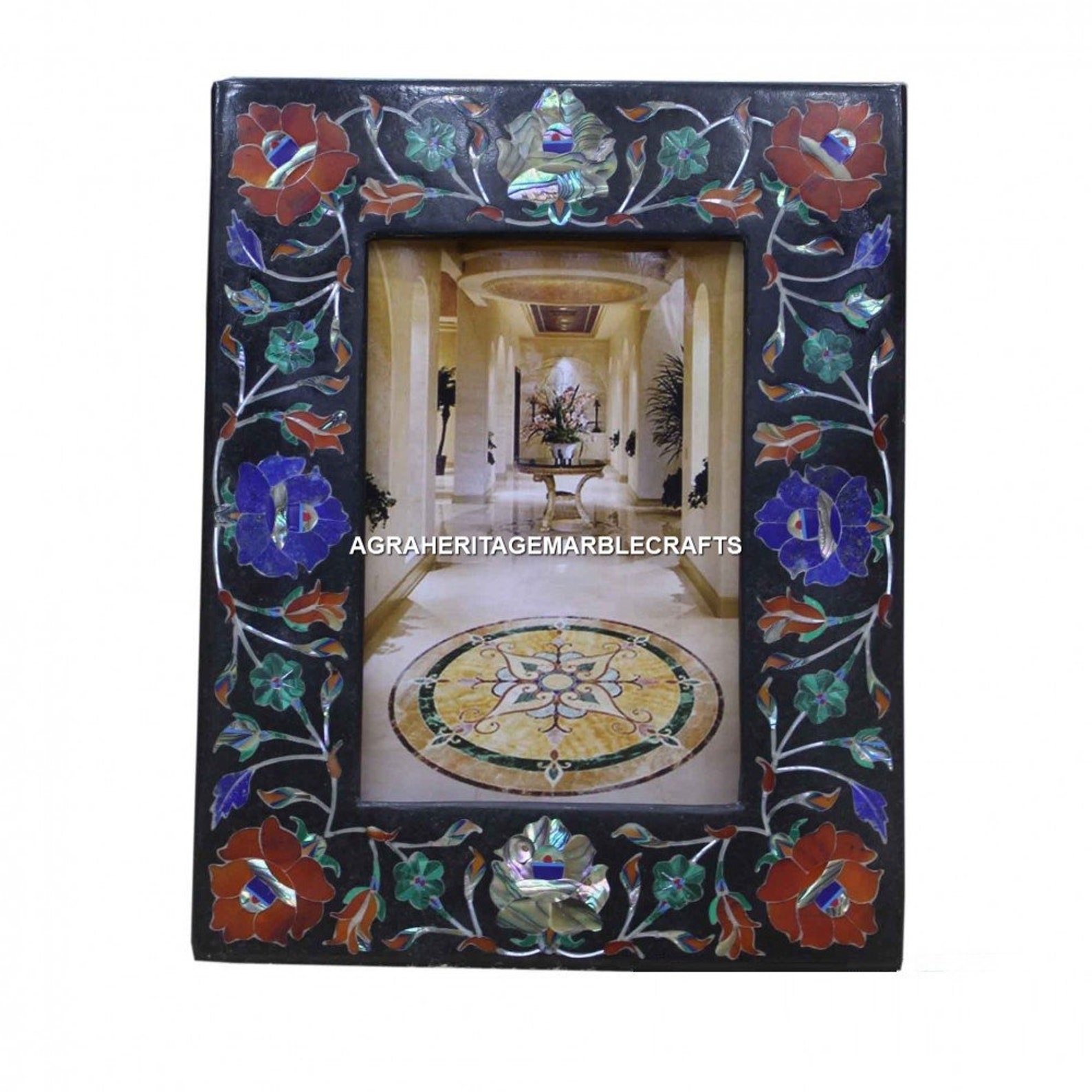 Decorative Black Marble Photo Frame Pietra Dura Inlay Floral - Etsy