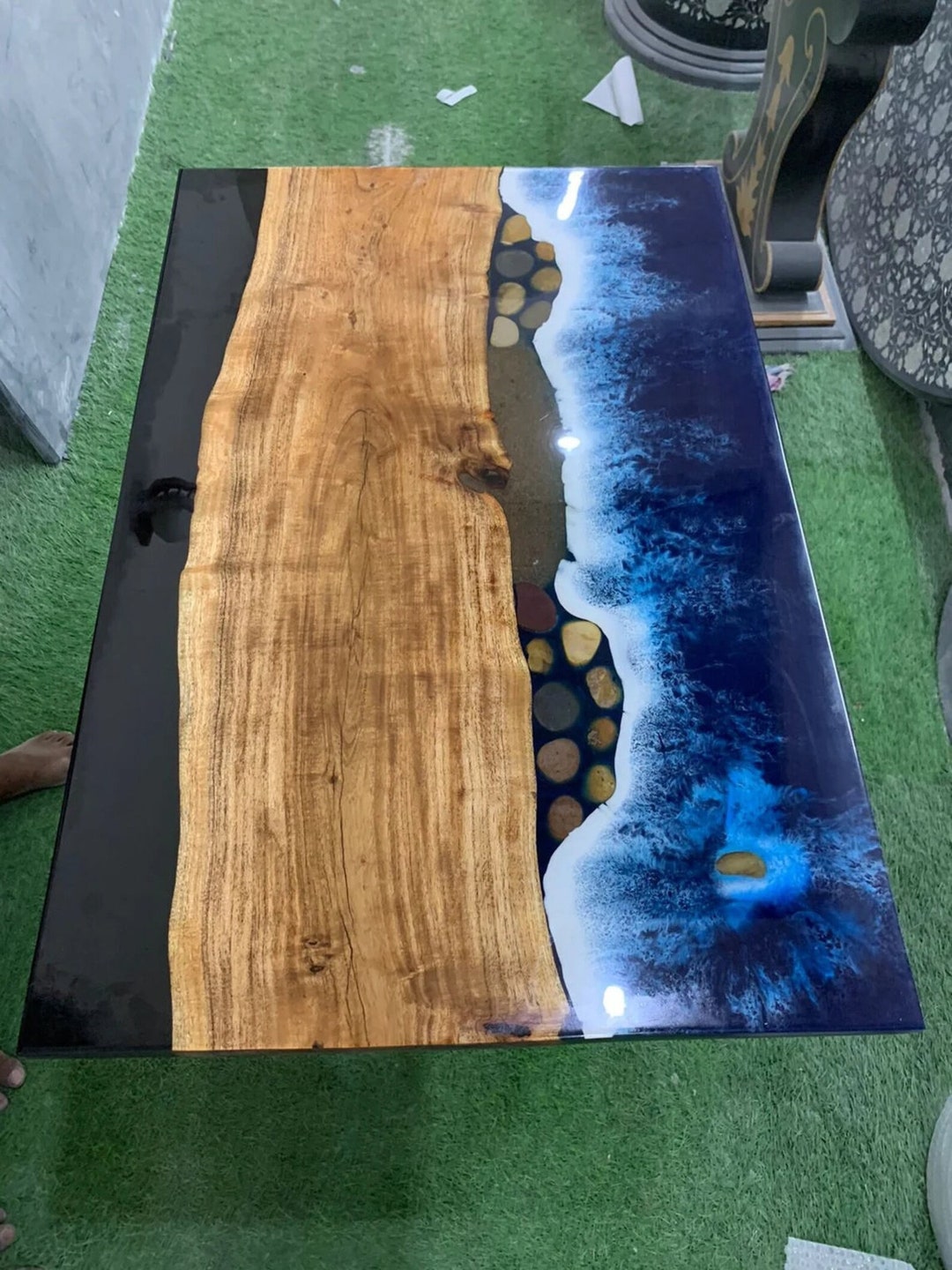 Elegant Epoxy Coffee Table Ocean Wave Blue Epoxy Table Mid Century ...