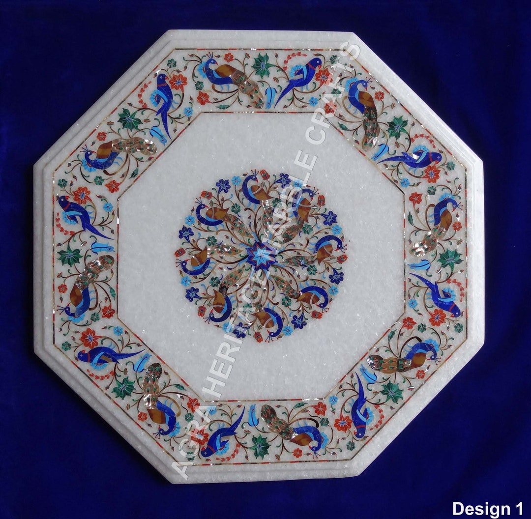 Octagon White Marble Sofa Center Coffee Table Parrot Design Inlay Art ...