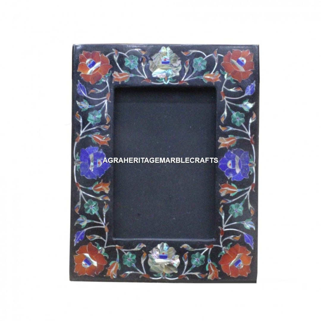Decorative Black Marble Photo Frame Pietra Dura Inlay Floral Design ...
