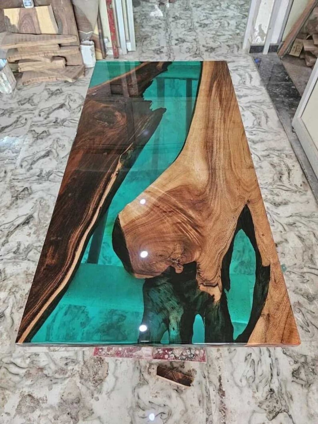 Clear Epoxy Resin Dining Table Top Natural Wooden Handmade Furniture ...