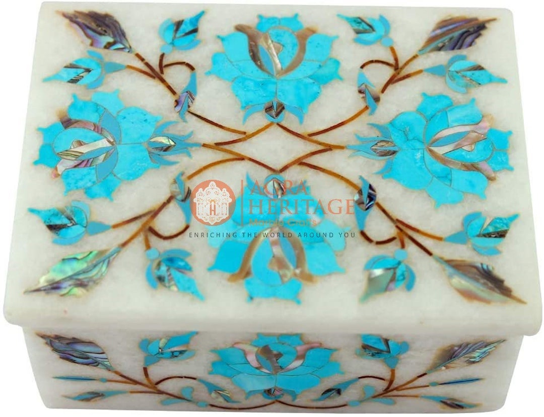 White Marble Turquoise Floral Inlay Precious Art Jewelry Custom Box ...