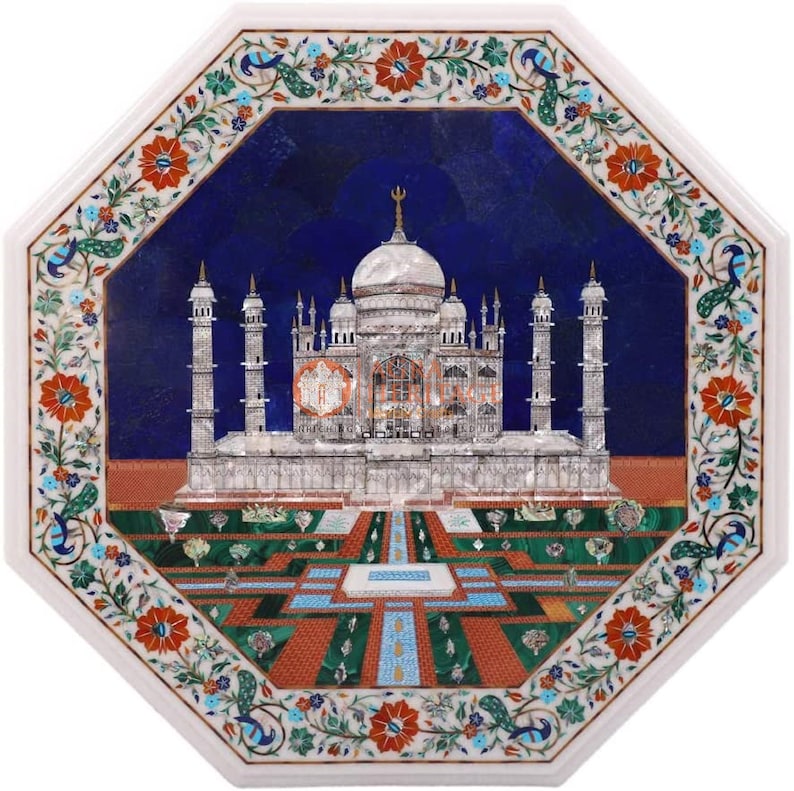 Taj Mahal Inlaid Pietra Dura Art White Marble Coffee Table Top | Etsy