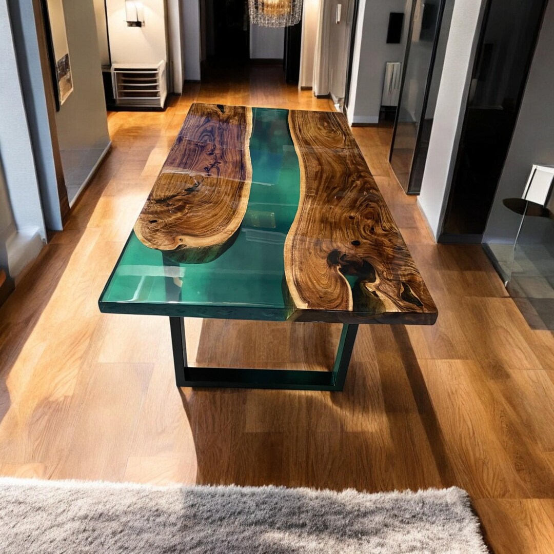 Elegant Green Epoxy Dining Table Top Handmade Mid Century Modern ...
