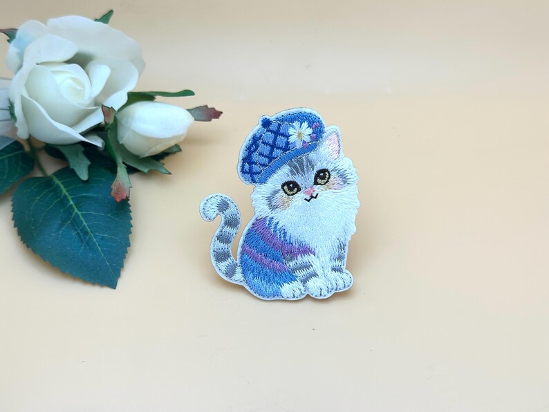 White Cat Embroidery Patch – Fluffy Kitty in Blue Beret – Iron on ...