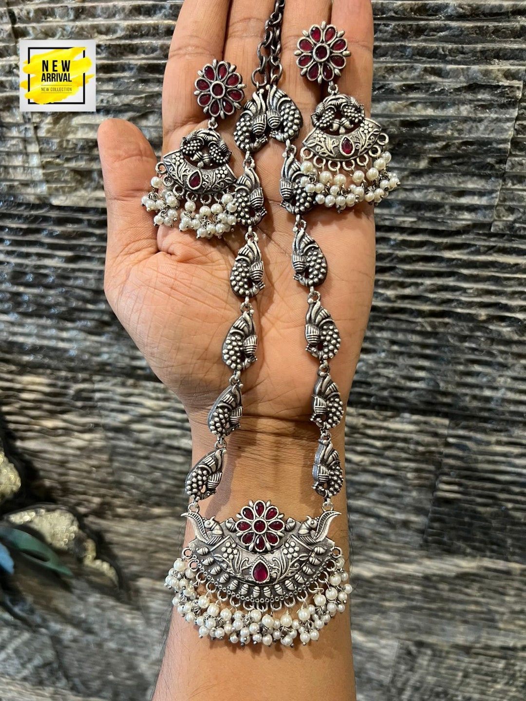 Beautiful Silver Look Alike Long Premium Necklace Set Monalisa Stone Boho Necklace, Temple ...