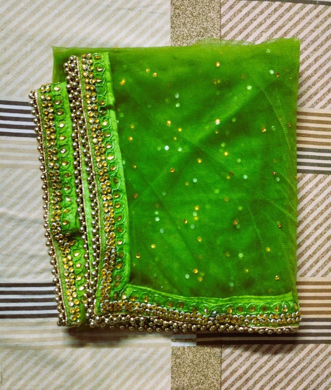 Green Net Dupatta With Diamond Stone and Kundan Work Wedding - Etsy