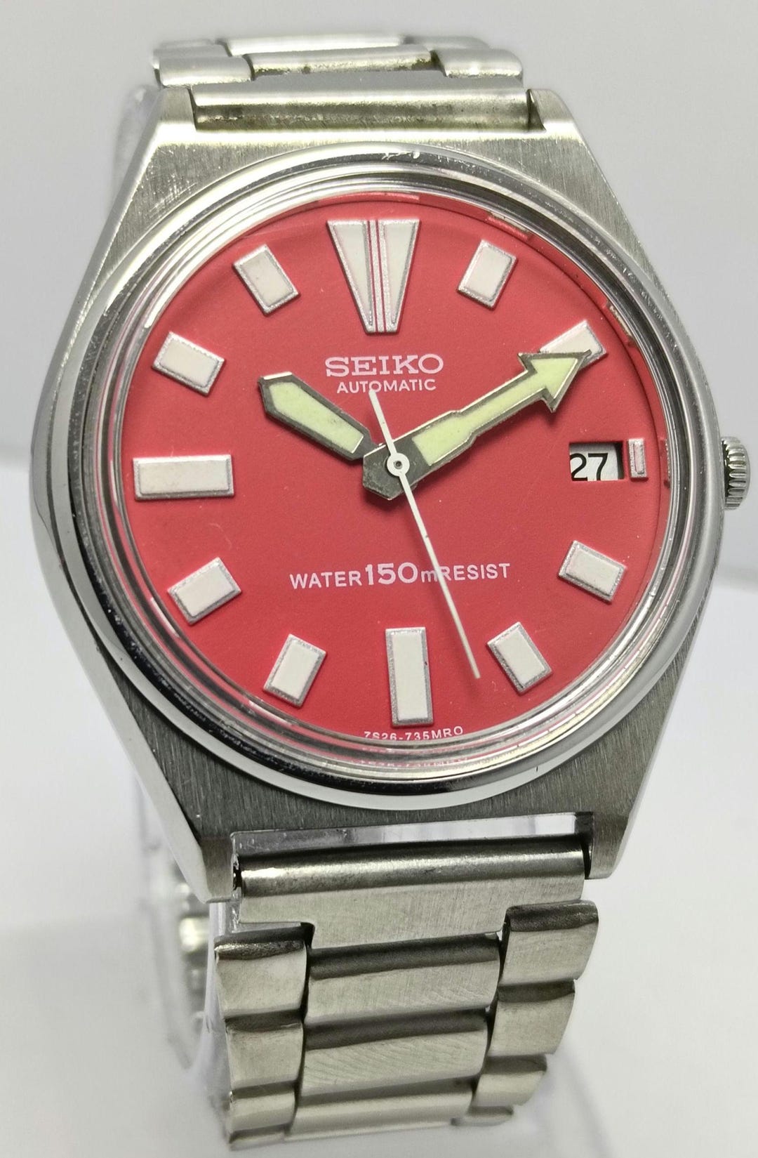 Seiko Automatic Wrist Watch: Red Face, Luminous Dial, Stainless Steel ...