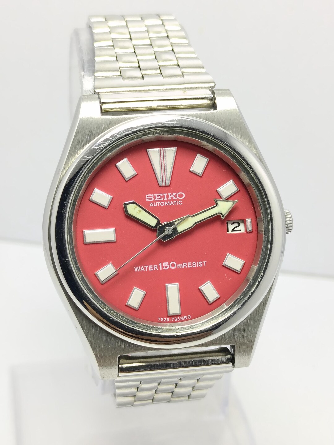 Seiko Refurbished Red Dial Luminous Indices Date Automatic Transparent ...
