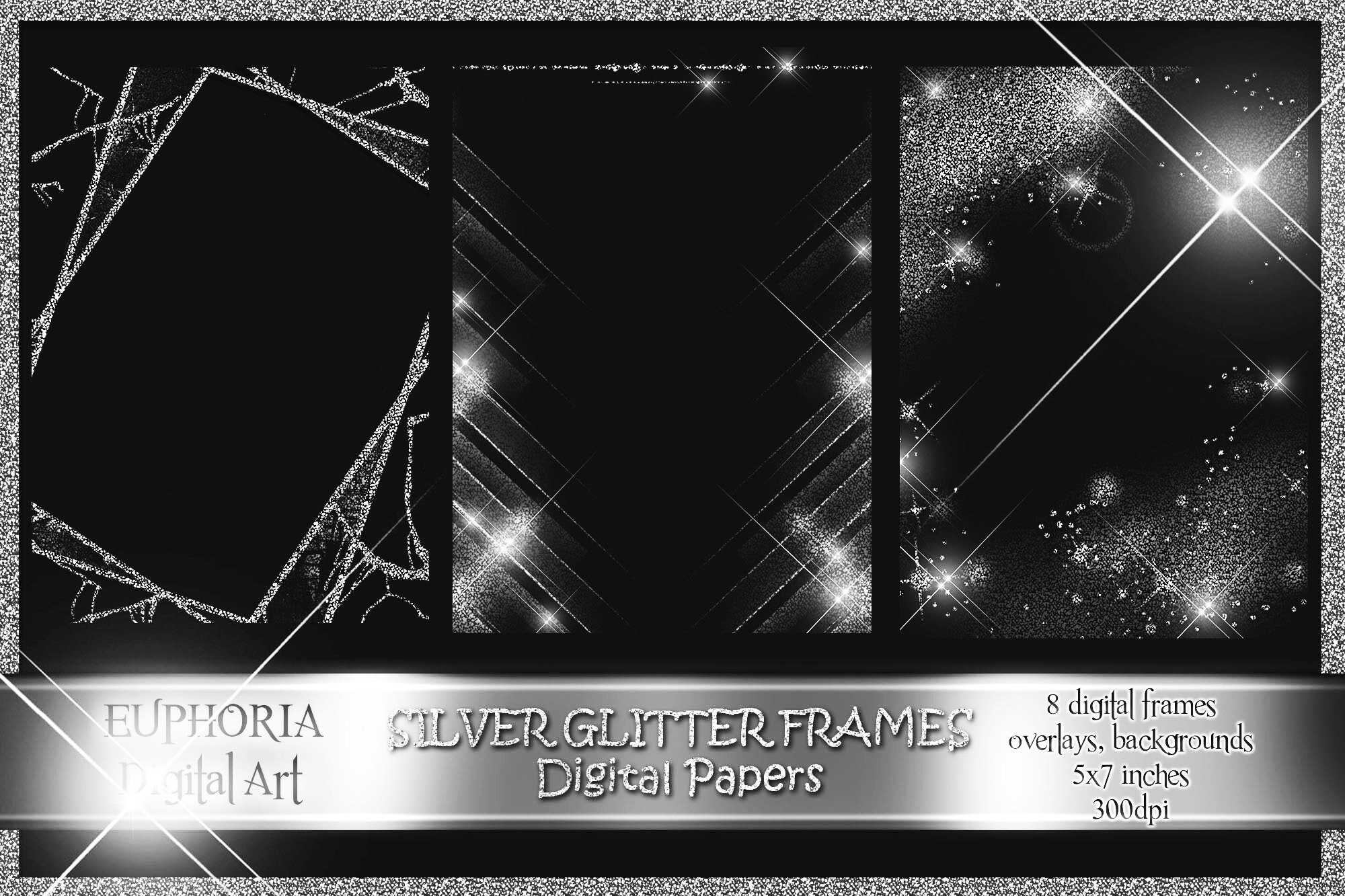 Silver Glitter Frames, Overlays, Backgrounds (PNG, 5x7, Digital ...