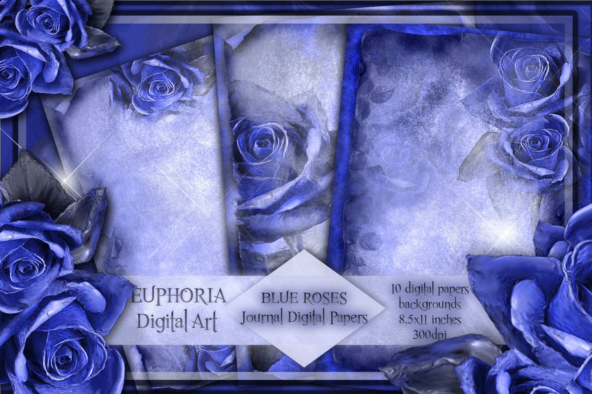 BLUE ROSES Printable Journal Papers Blue Vintage Old Style Floral ...