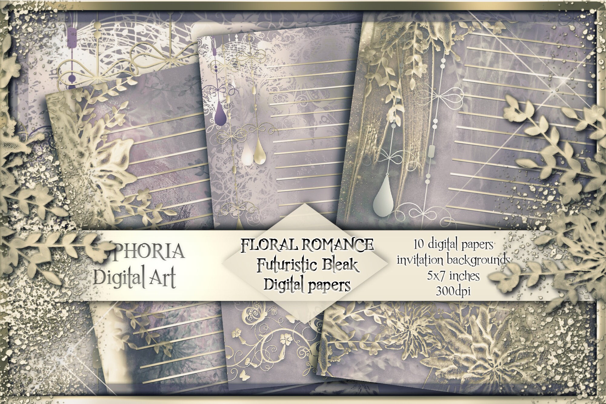 FLORAL ROMANCE Futuristic Bleak Vintage Digital Papers 5'x7 ...