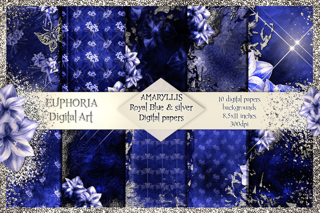 AMARYLLIS Royal Blue & Silver Floral Digital Papers 8,5'x11 ...
