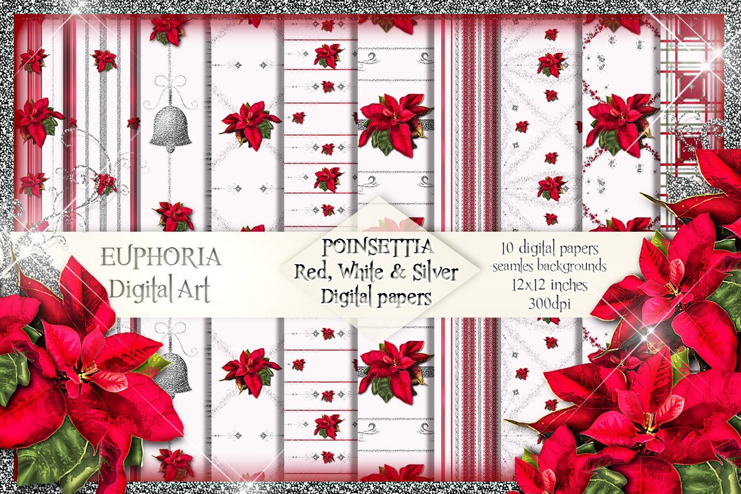POINSETTIA Red, White & Silver Digital Seamless Papers Christmas ...