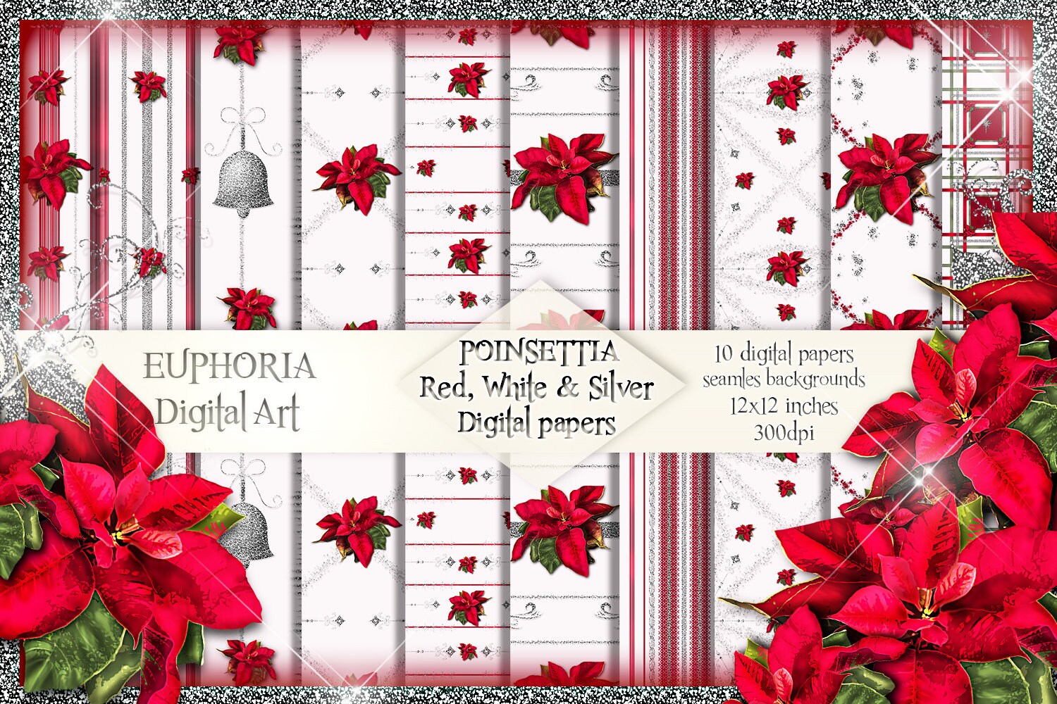POINSETTIA Red, White & Silver Digital Seamless Papers Christmas ...