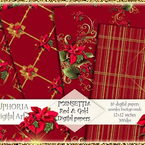 POINSETTIA Red & Gold Digital Seamless Papers Christmas Patterns ...