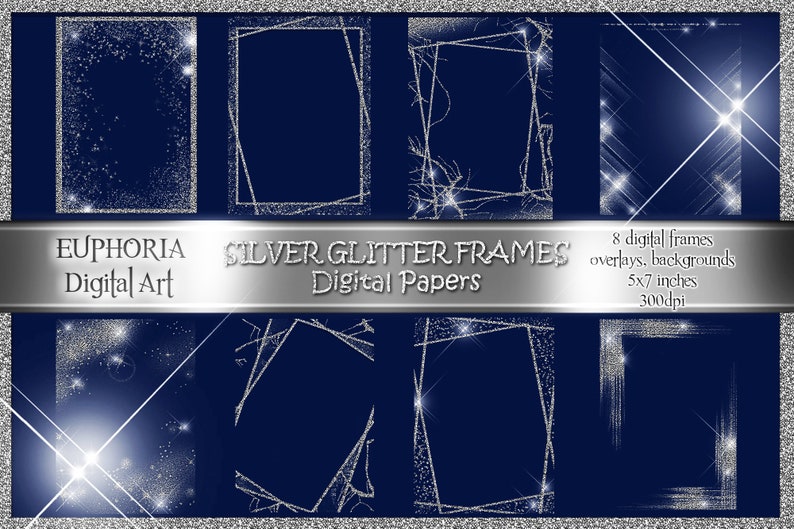 SILVER GLITTER Digital Frames Overlays Backgrounds Silver Sparkle ...
