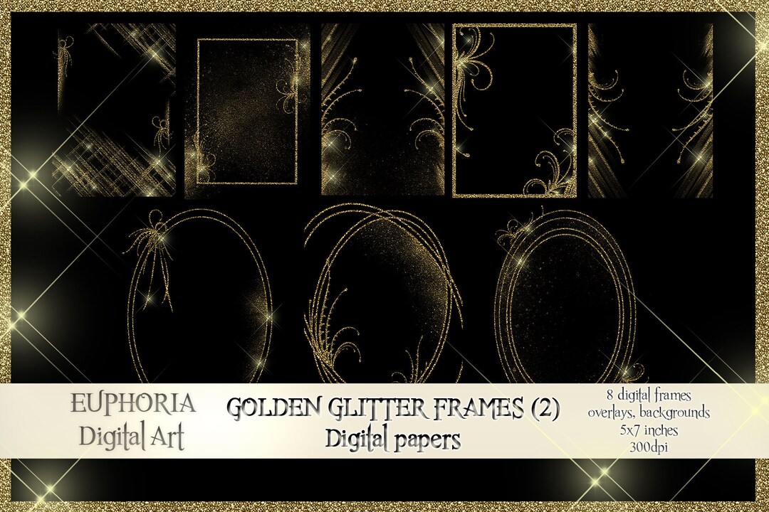 GOLD GLITTER Digital Frames (2) Overlays Backgrounds Scrapbook Sparkle ...