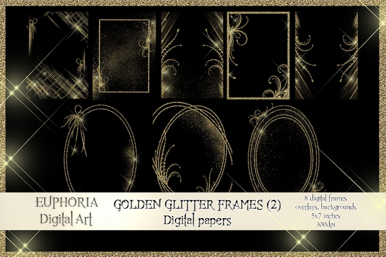 GOLD GLITTER Digital Frames (2) Overlays Backgrounds Scrapbook Sparkle ...
