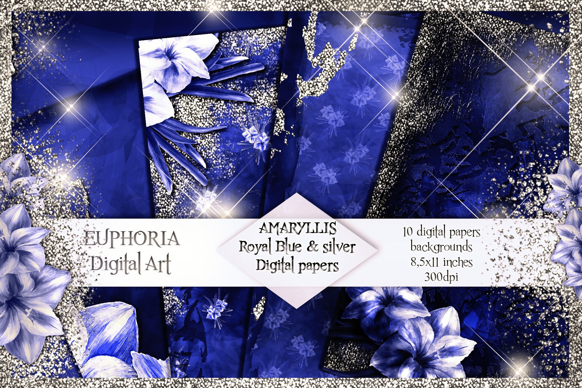 AMARYLLIS Royal Blue & Silver Floral Digital Papers 8,5'x11 ...