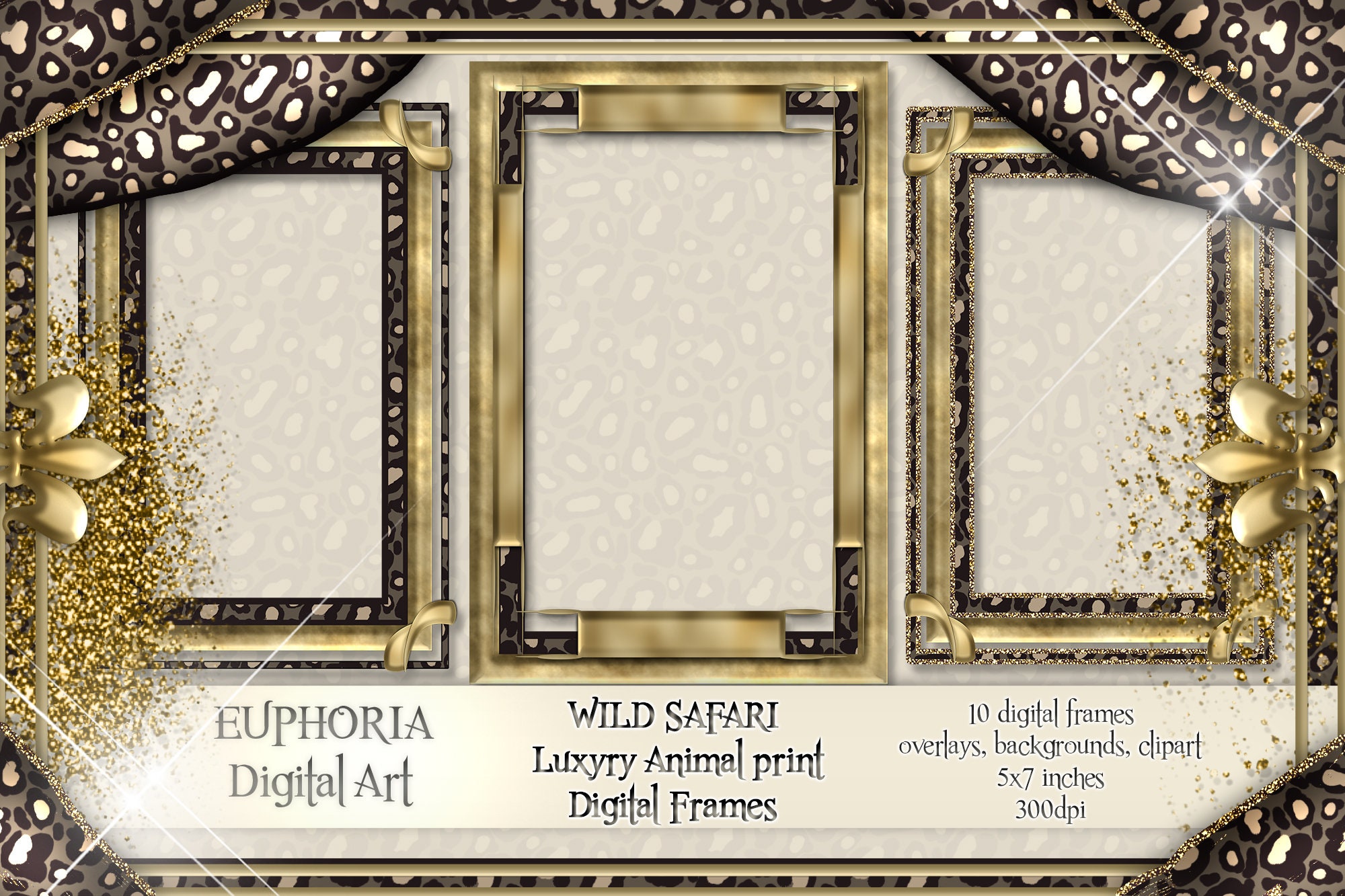 WILD SAFARI Luxyry Animal Print Gold Digital Frames 3D Overlays Clipart ...