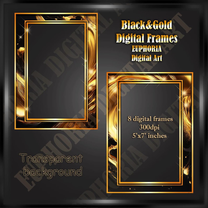 Gold Glitter Digital Frames: Black & Gold Overlays (PNG) - Etsy