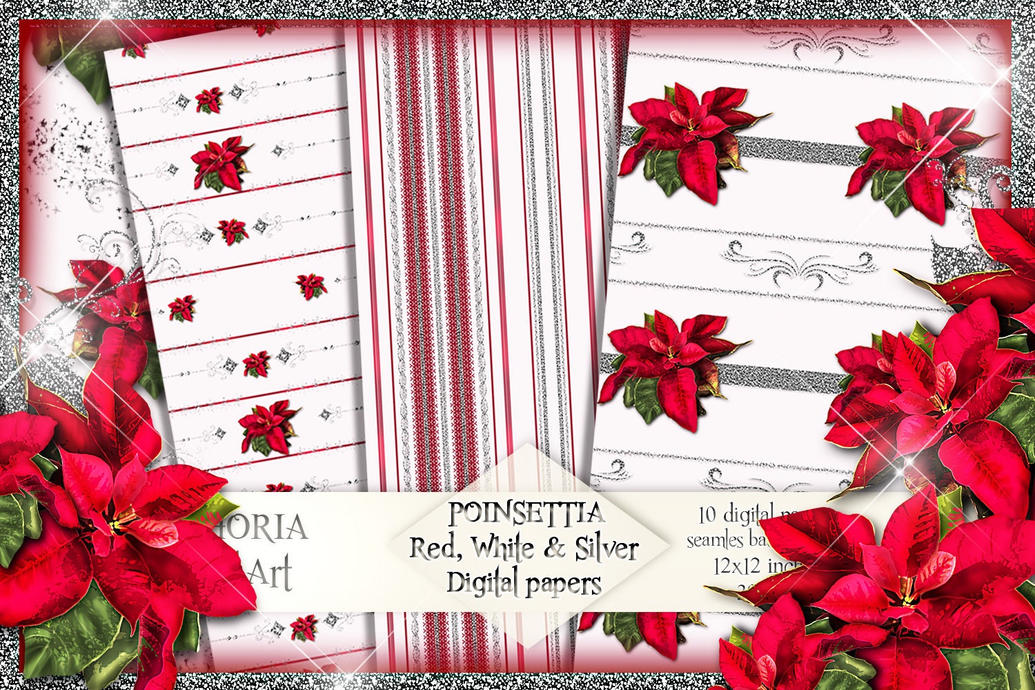 POINSETTIA Red, White & Silver Digital Seamless Papers Christmas ...