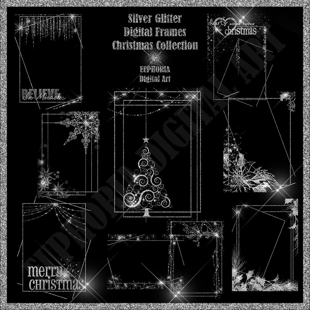 SILVER GLITTER Christmas Digital Frames Overlays Backgrounds Silver ...