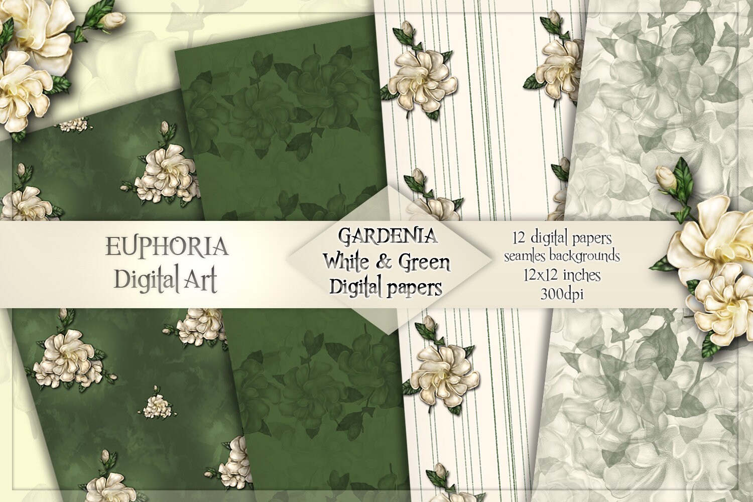 GARDENIA White & Green Floral Digital Papers Background - Etsy