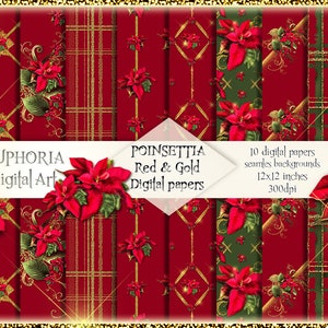 POINSETTIA Red & Gold Digital Seamless Papers Christmas Patterns ...