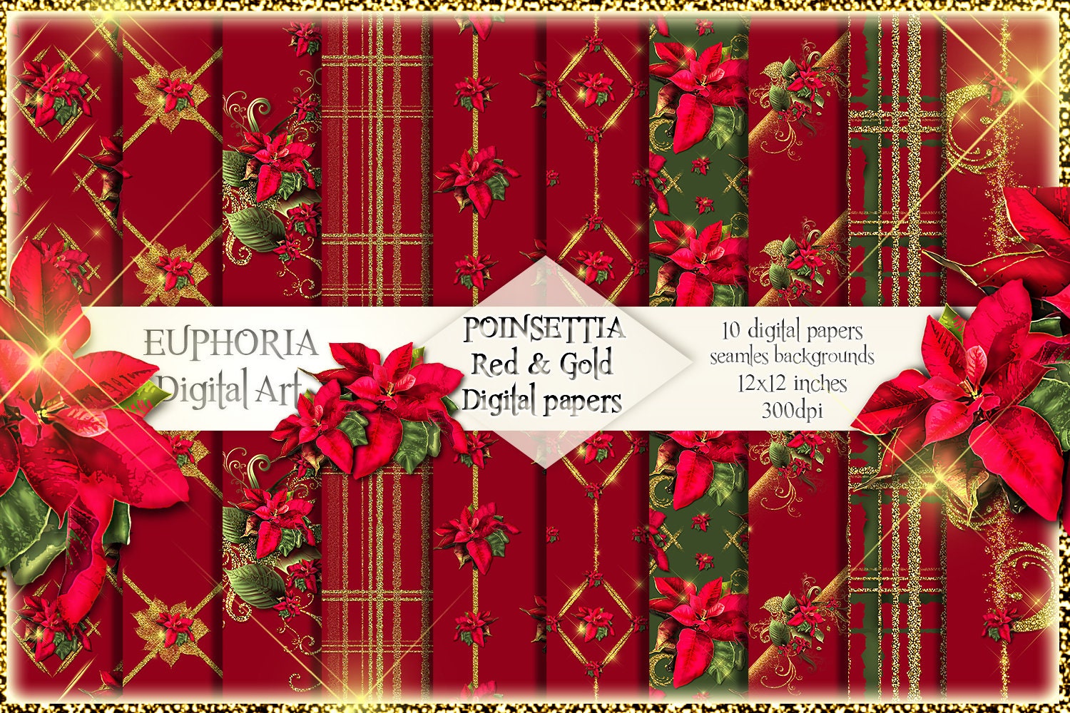 POINSETTIA Red & Gold Digital Seamless Papers Christmas Patterns ...