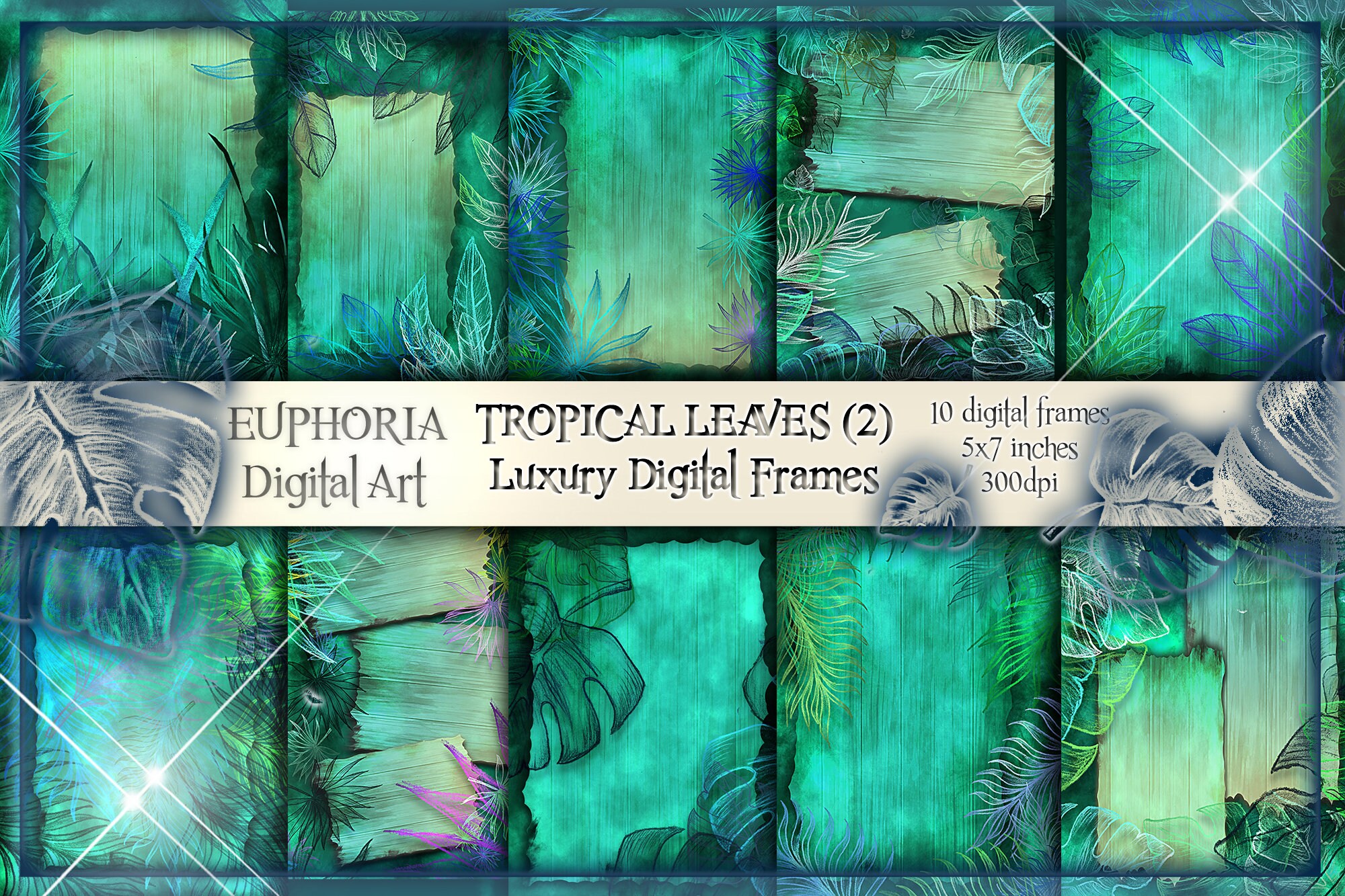 TROPICAL LEAVES 2 Exotic Digital Papers 5'x7' Backgrounds Frames ...
