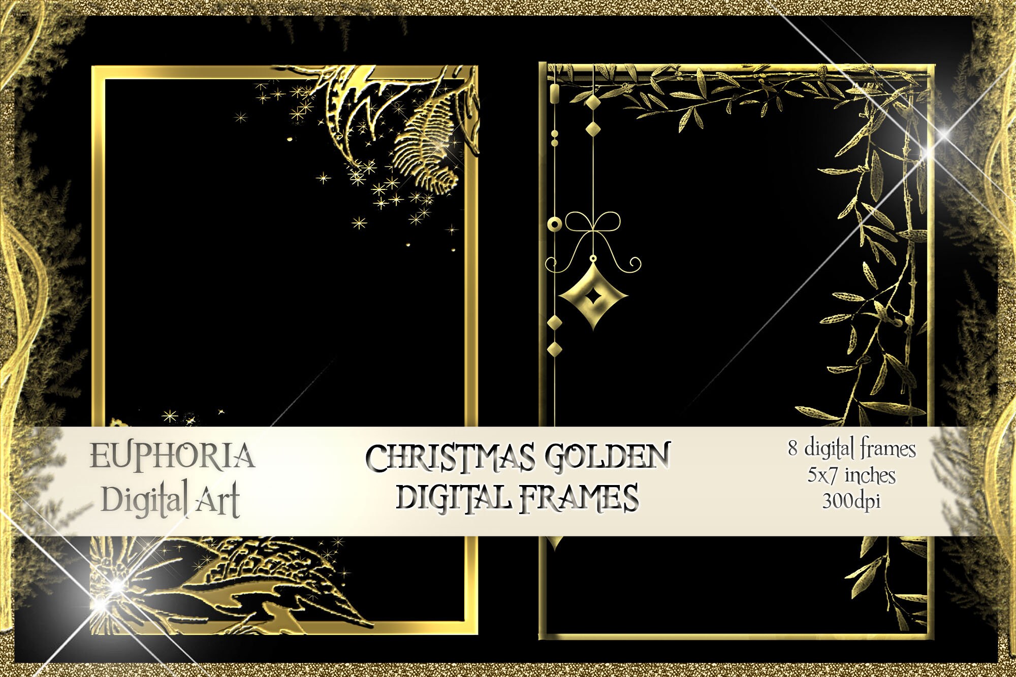 GOLD CHRISTMAS Digital Frames Overlays Backgrounds Scrapbook Sparkle ...