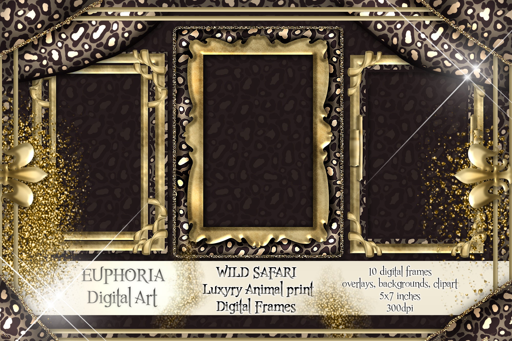 WILD SAFARI Luxyry Animal Print Gold Digital Frames 3D Overlays Clipart ...
