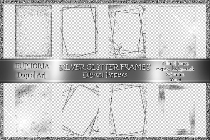 Silver Glitter Frames, Overlays, Backgrounds (PNG, 5x7, Digital ...