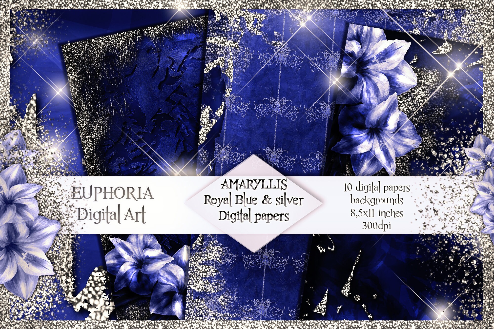 AMARYLLIS Royal Blue & Silver Floral Digital Papers 8,5'x11 ...
