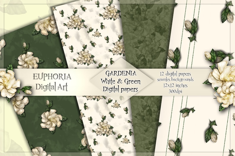 GARDENIA White & Green Floral Digital Papers Background - Etsy