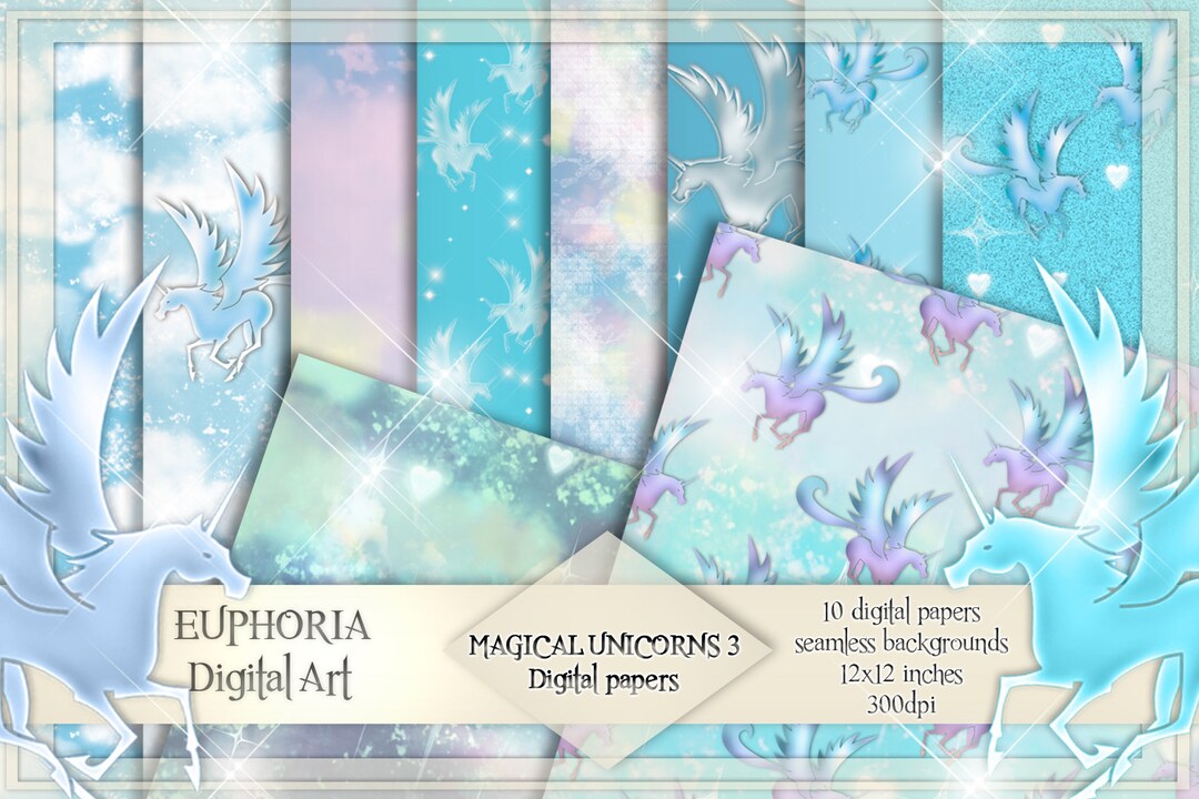 MAGICAL UNICORNS 3 blue Digital Papers Backgrounds - Etsy