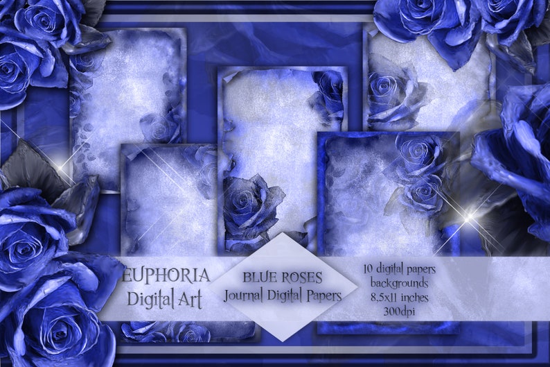 BLUE ROSES Printable Journal Papers Blue Vintage Old Style Floral ...