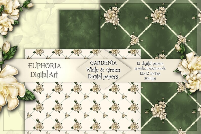 GARDENIA White & Green Floral Digital Papers Background - Etsy