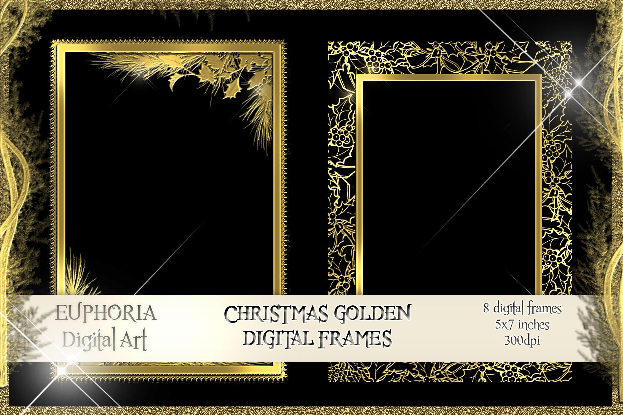GOLD CHRISTMAS Digital Frames Overlays Backgrounds Scrapbook Sparkle ...