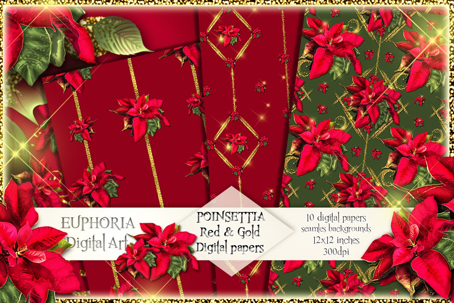 POINSETTIA Red & Gold Digital Seamless Papers Christmas Patterns ...