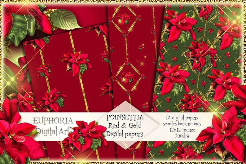 POINSETTIA Red & Gold Digital Seamless Papers Christmas Patterns ...