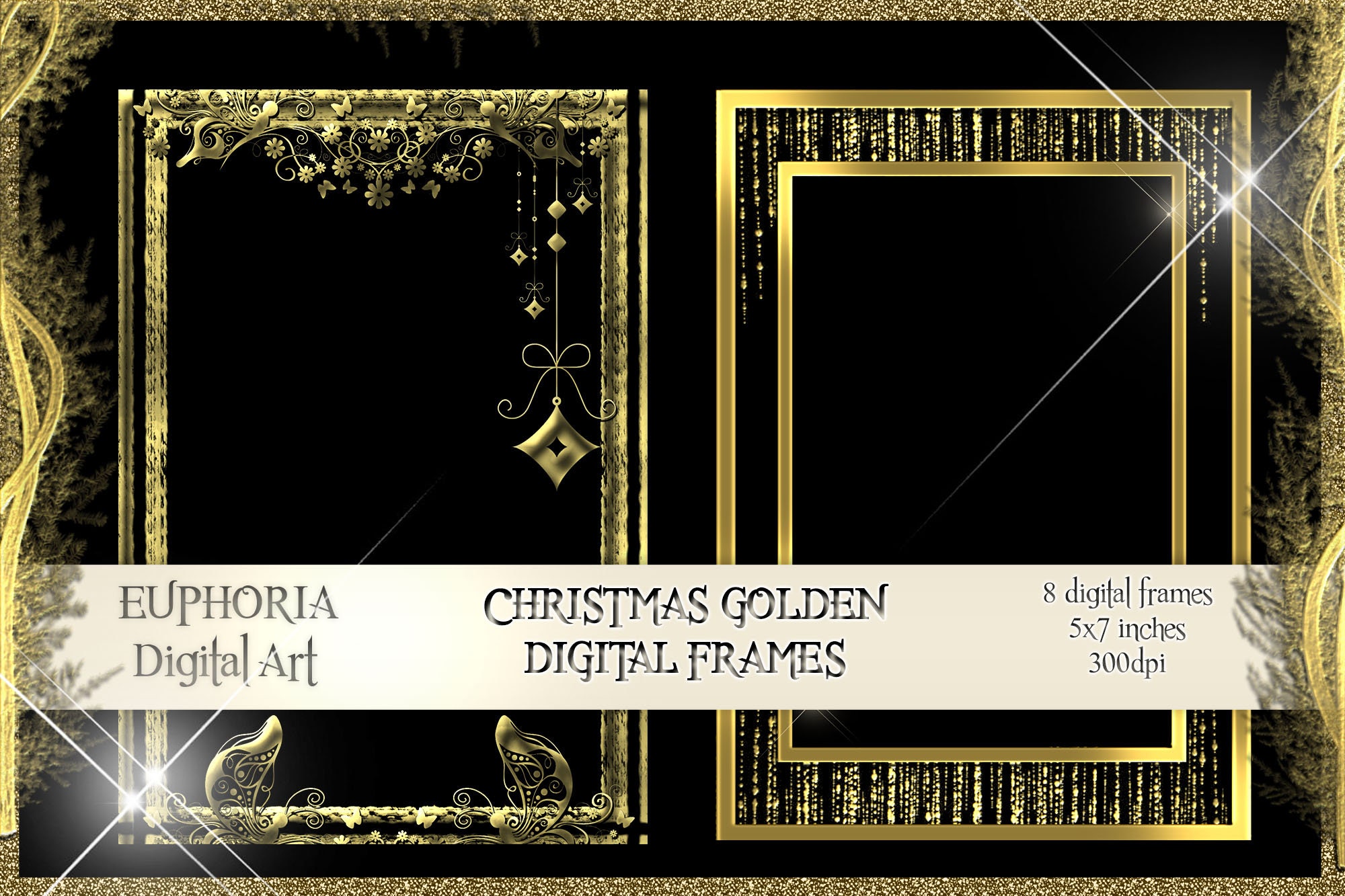 GOLD CHRISTMAS Digital Frames Overlays Backgrounds Scrapbook Sparkle ...