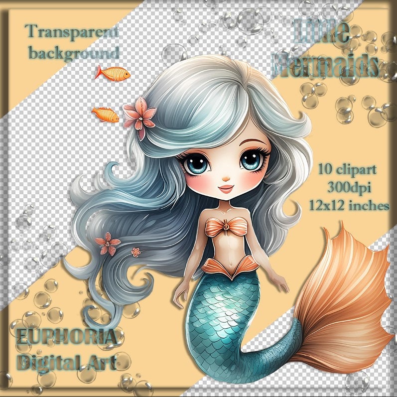 Little Mermaid PNG Clipart Bundle, Mermaid PNG, Scrapbooking, Cute ...