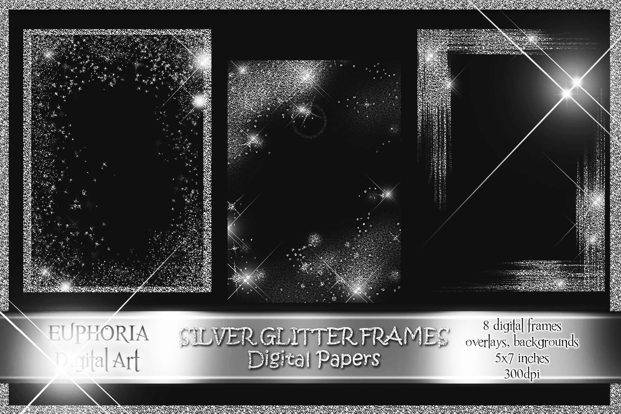 SILVER GLITTER Digital Frames Overlays Backgrounds Silver Sparkle ...